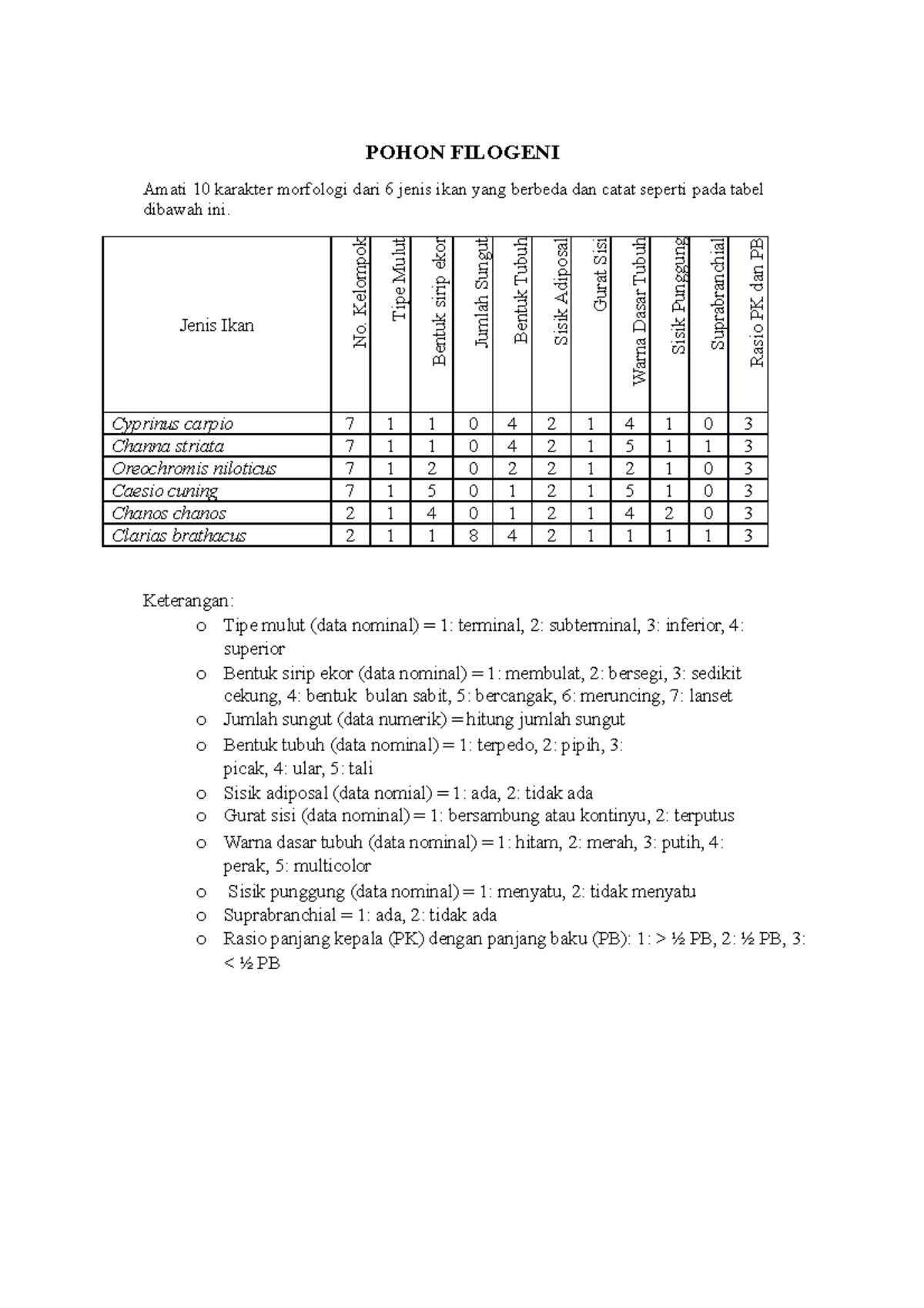 Pohon Filogeni - POHON FILOGENI Amati 10 karakter morfologi dari 6 ...
