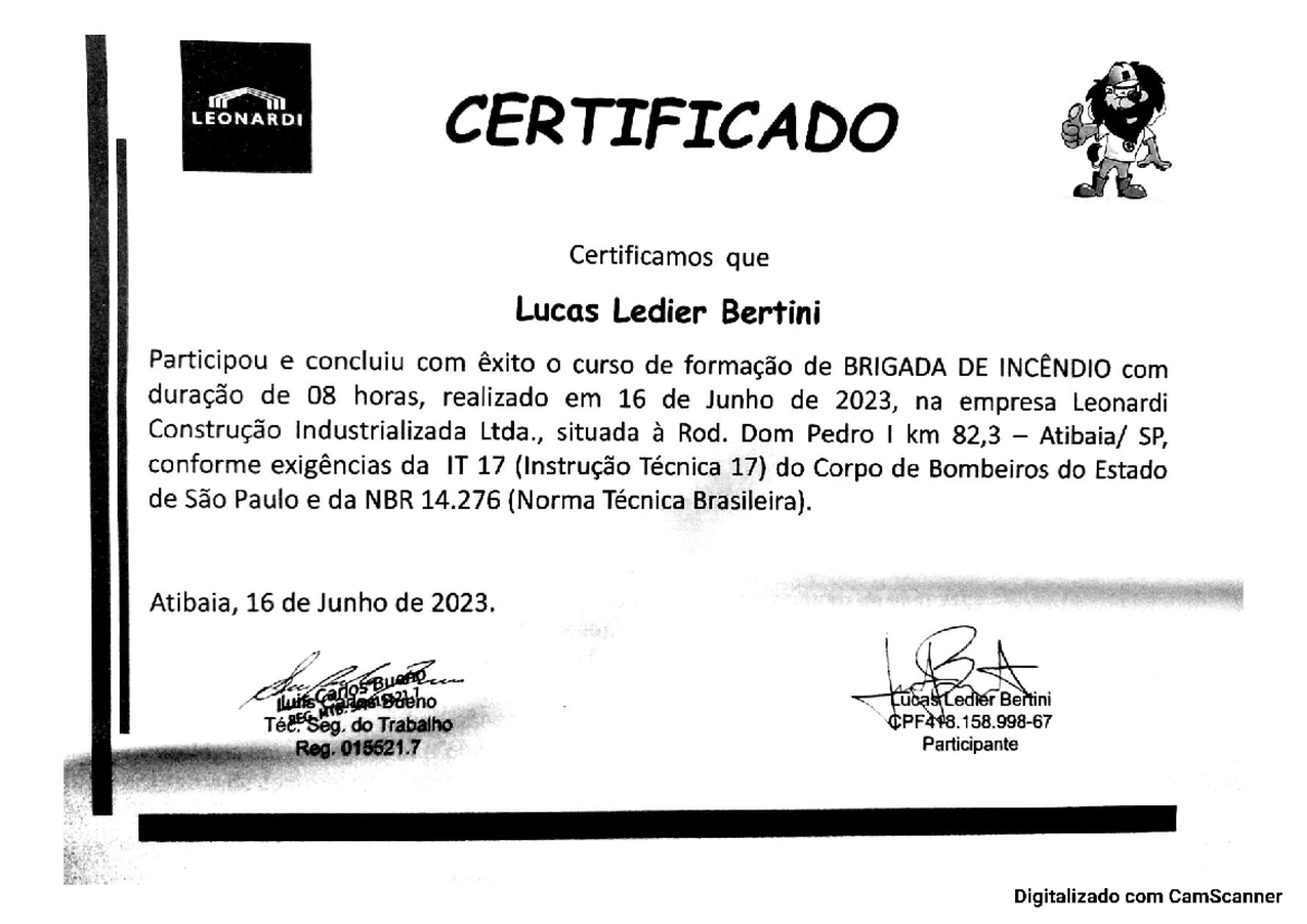 Certificado de Brigada Lucas Ledier - Engenharia Civil - Studocu