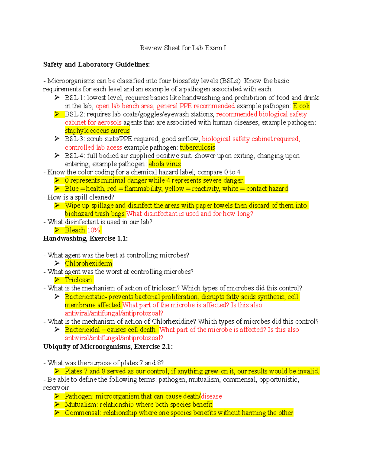 Review for Lab Exam I comments - Review Sheet for Lab Exam I Safety and ...
