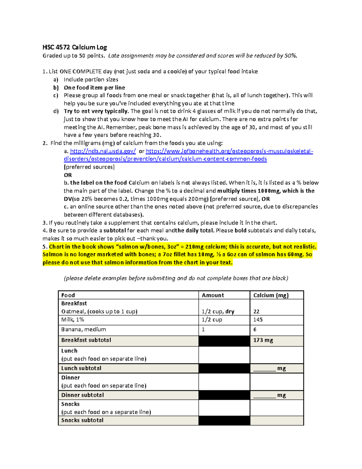 Calcium Log Assignment - HSC 4572 Calcium Log Graded up to 50 points ...
