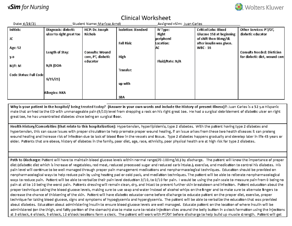 Clinical worksheet for juan carlos - Date: 6/28/21 Student Name ...