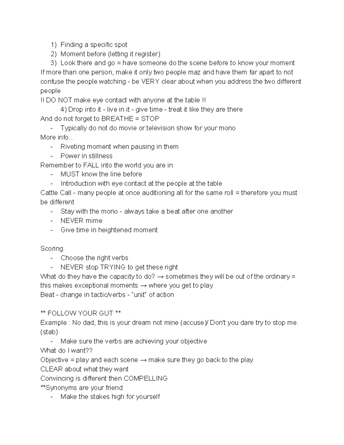 Acting Notes #2 - 1) Finding a specific spot 2) Moment before (letting ...