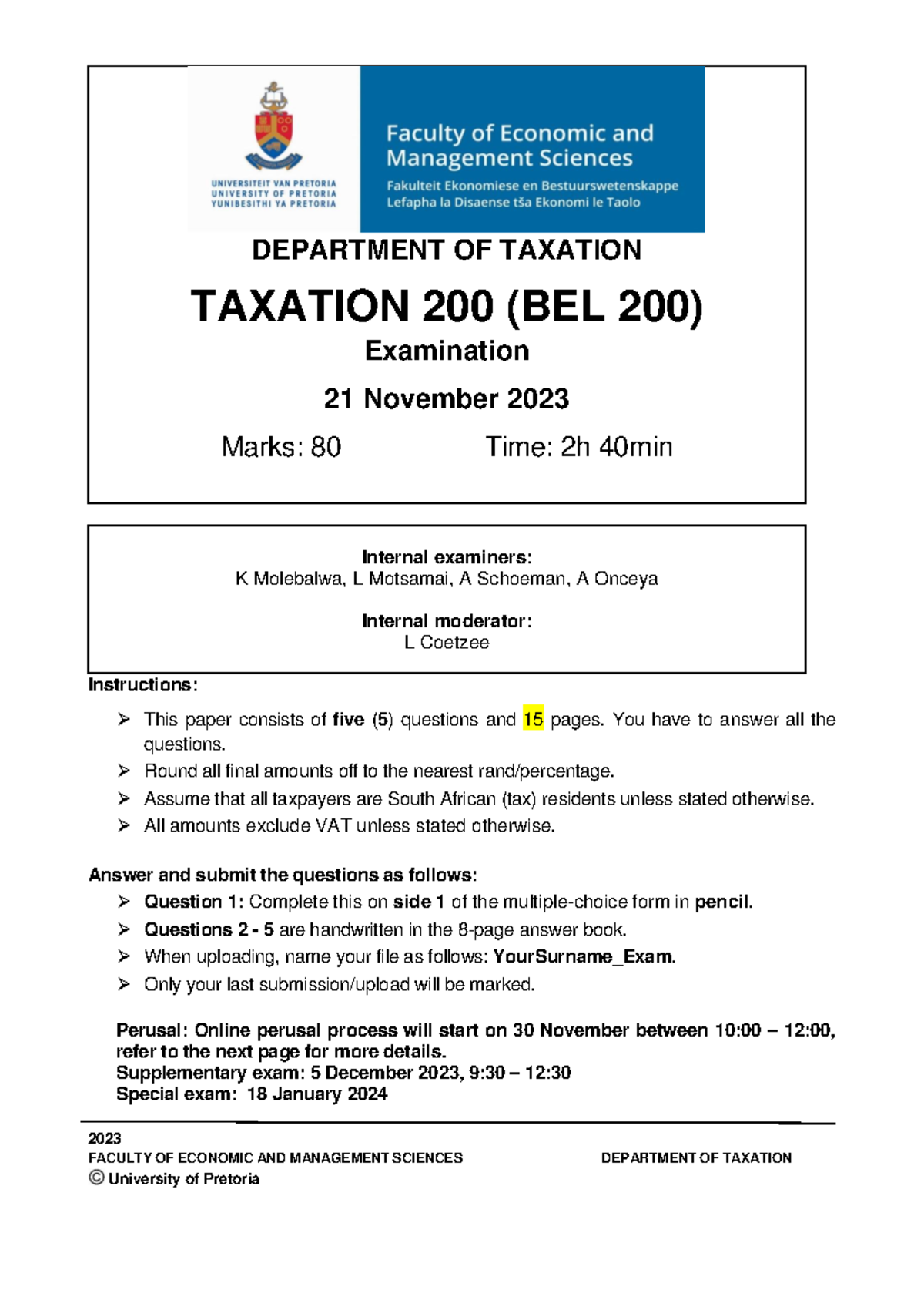 BEL 200 Exam 2023 - Question paper - DEPARTMENT OF TAXATION TAXATION ...