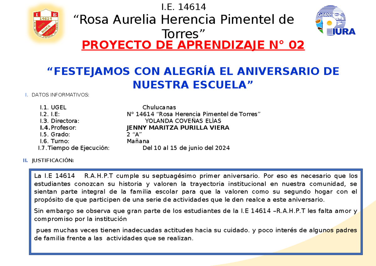 Proyecto DE Aniversario DEL Colegio - “Rosa Aurelia Herencia Pimentel de Torres” PROYECTO DE ...