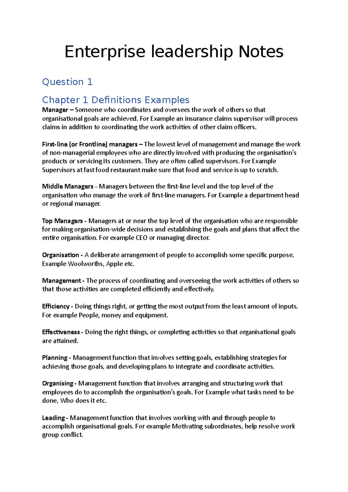 Enterprise leadership Chapter 1 & 2 definitions - Enterprise leadership ...