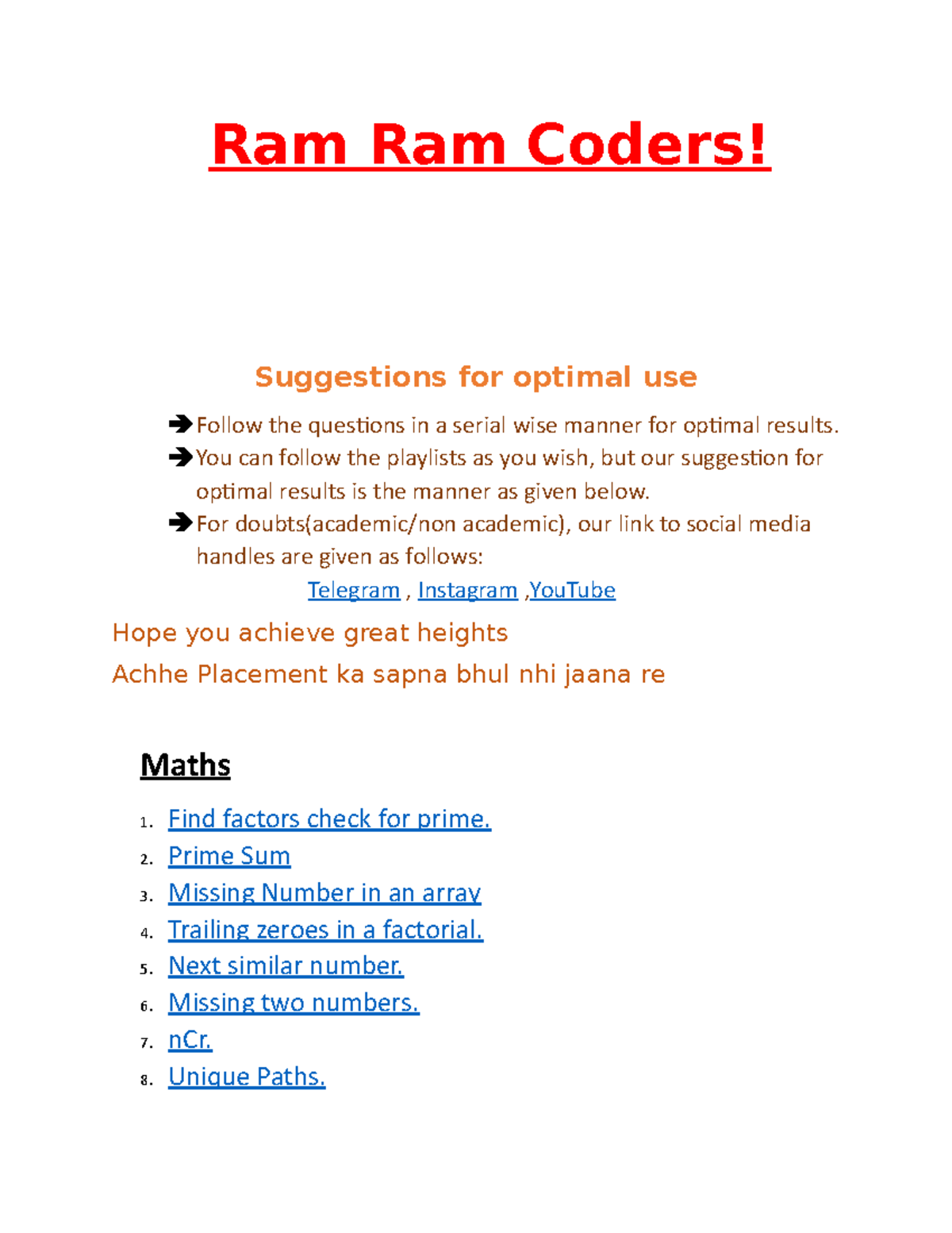 Bro Coders - Placement Preparation Course - Ram Ram Coders! Suggestions ...