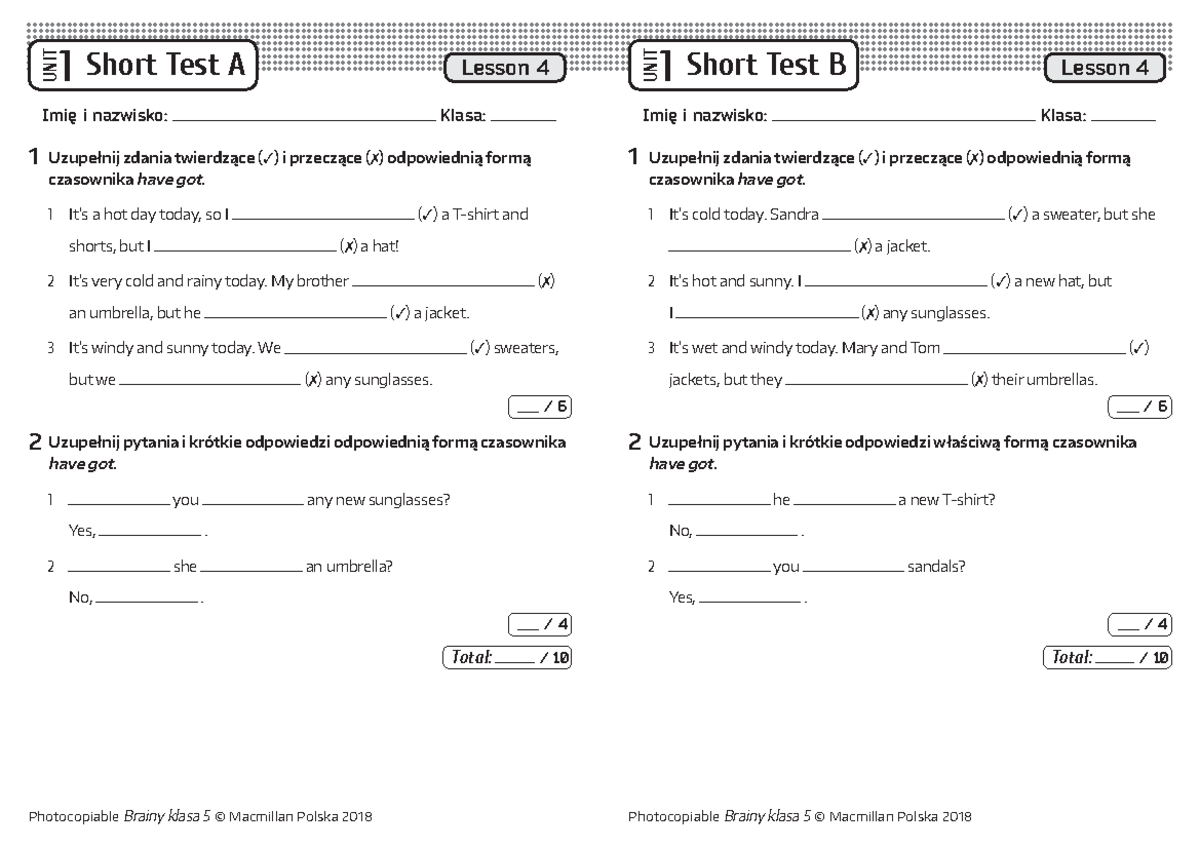 Brainy kl5 Short Tests Unit 1 Lesson 4 - Imię i nazwisko: Klasa: Imię i ...