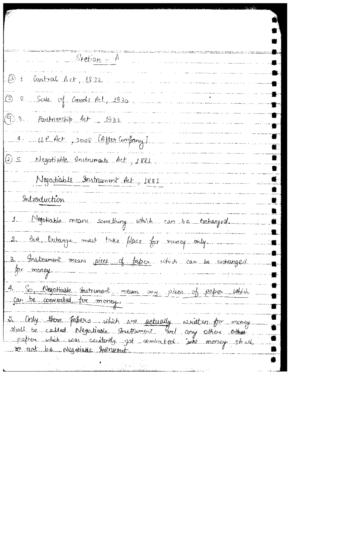 A handwritten - Negotiable instrument act - Section A 3 1. Contral Act ...