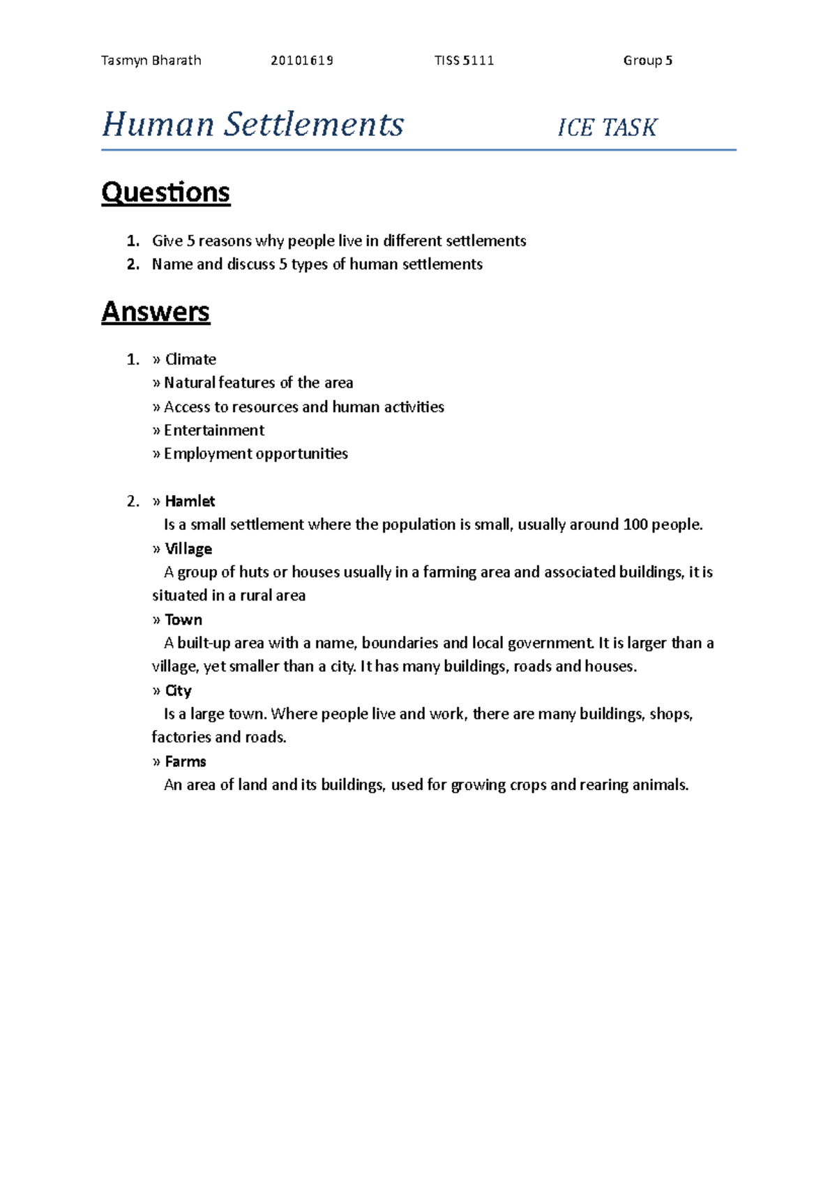 Human Settlements ICE TASK - Tasmyn Bharath 20101619 TISS 5111 Group 5 ...