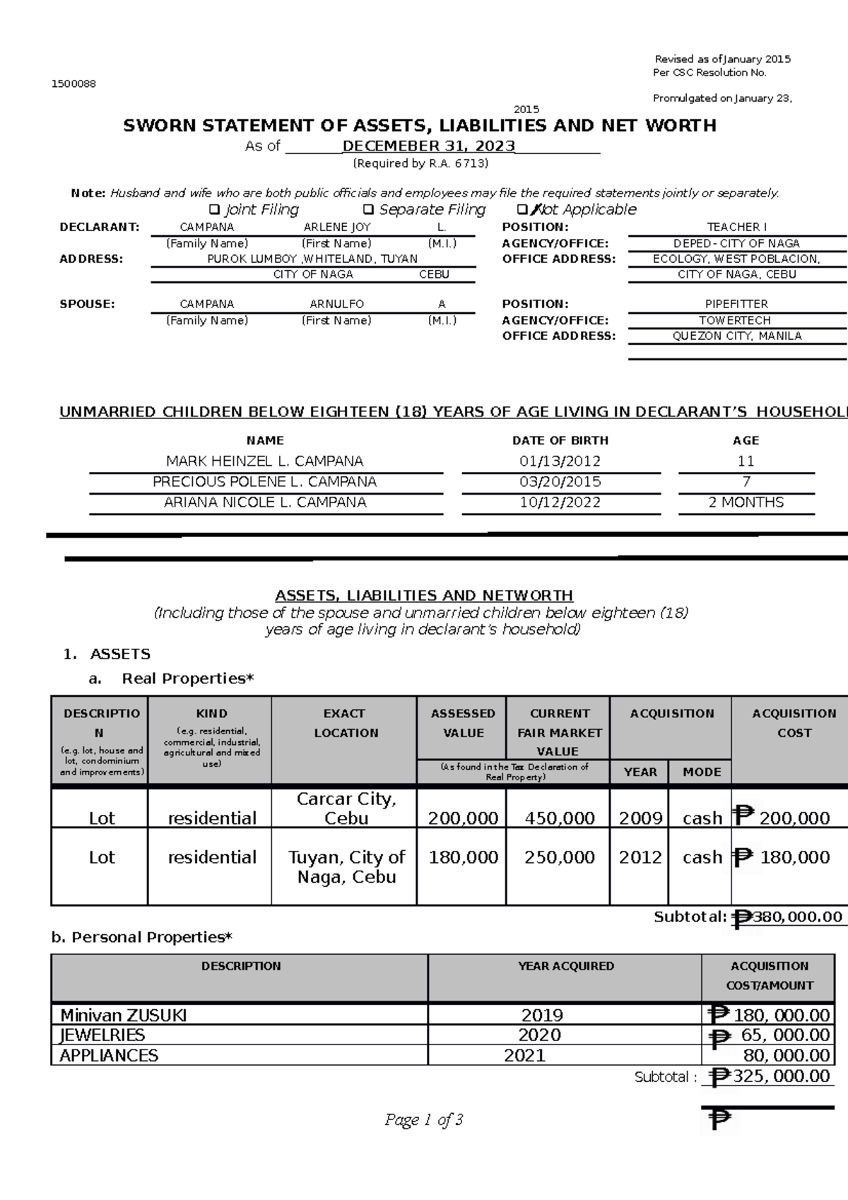 Sworn Statement OF Assets- Campana - Revised as of January 2015 Per CSC ...