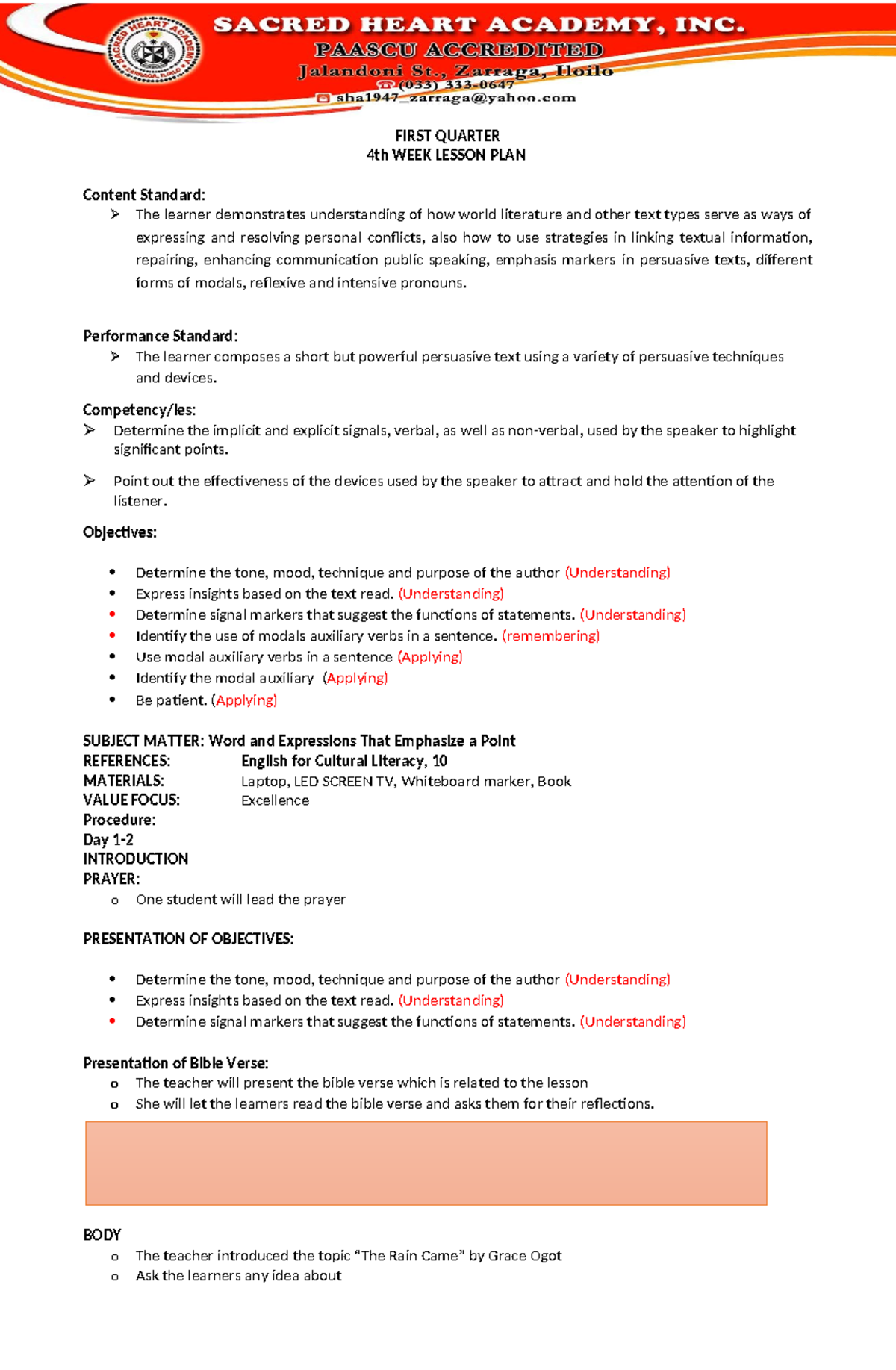 Lesson Plan In English 10 - FIRST QUARTER 4th WEEK LESSON PLAN Content ...