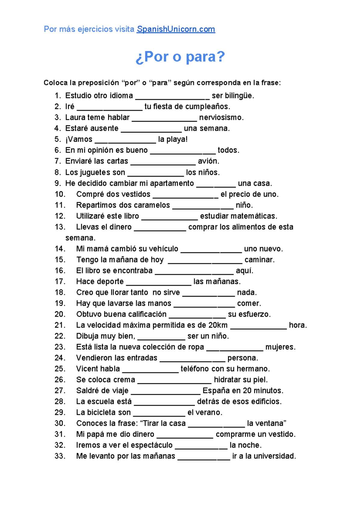 Ejercicios de Por o Para - Por más ejercicios visita SpanishUnicorn ...