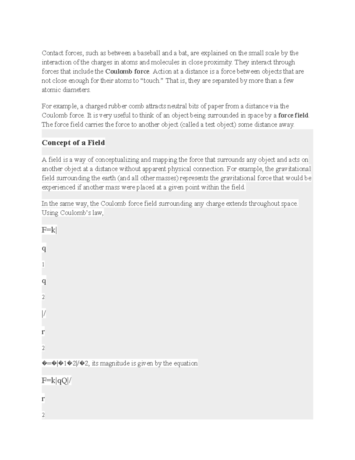 Lesson Notes on Electric Field - Contact forces, such as between a ...