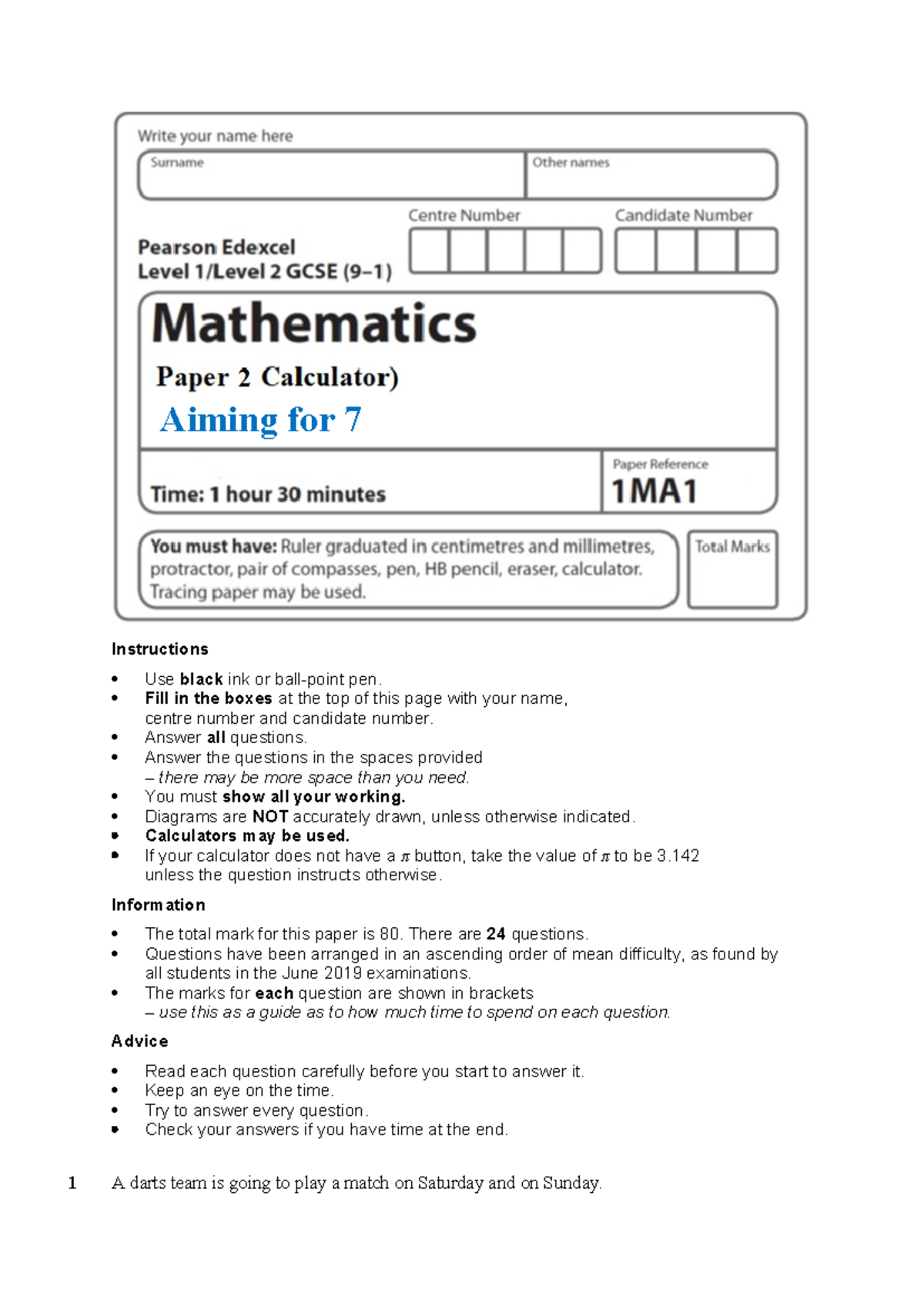 4a - Paper 2 Calculator Aiming for Grade 7 Question Paper ...