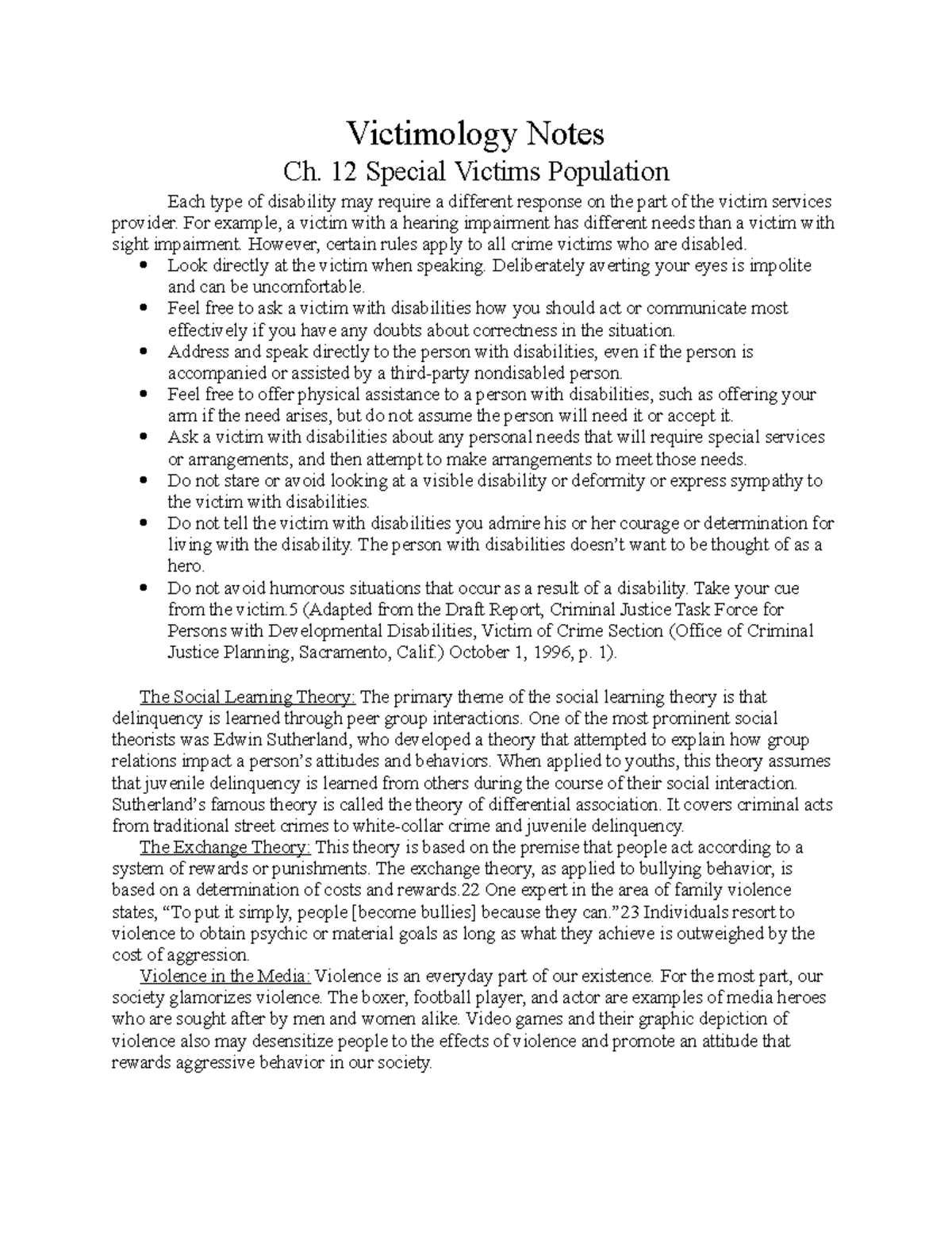 Victimology Notes for Ch 12 - Victimology Notes Ch. 12 Special Victims ...