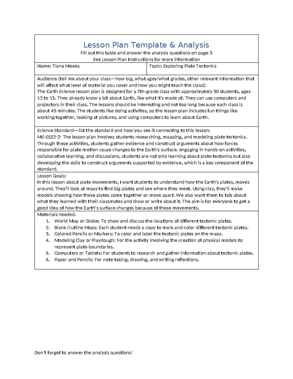 Lesson Plan Template - USEFUL - Fill out this table and answer the ...