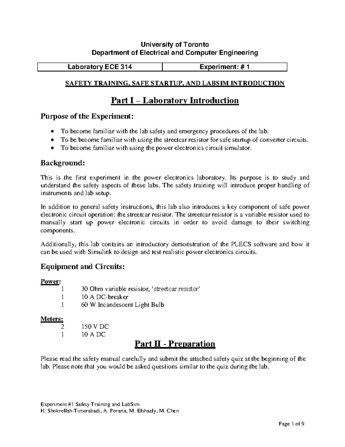 Lab 1 Safety Training, Safe Startup, and Lab Sim Intro - Experiment #1 ...