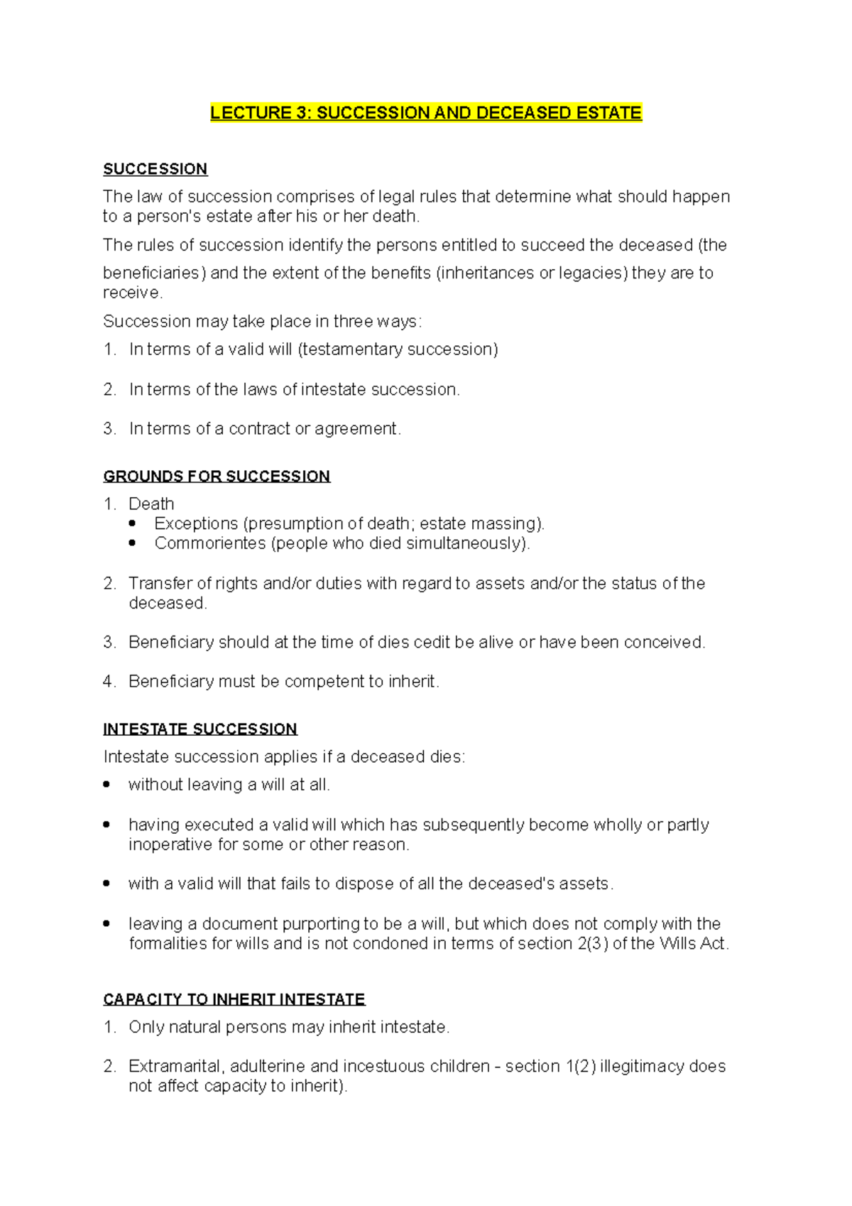 Lecture 3 - Notes - LECTURE 3: SUCCESSION AND DECEASED ESTATE ...