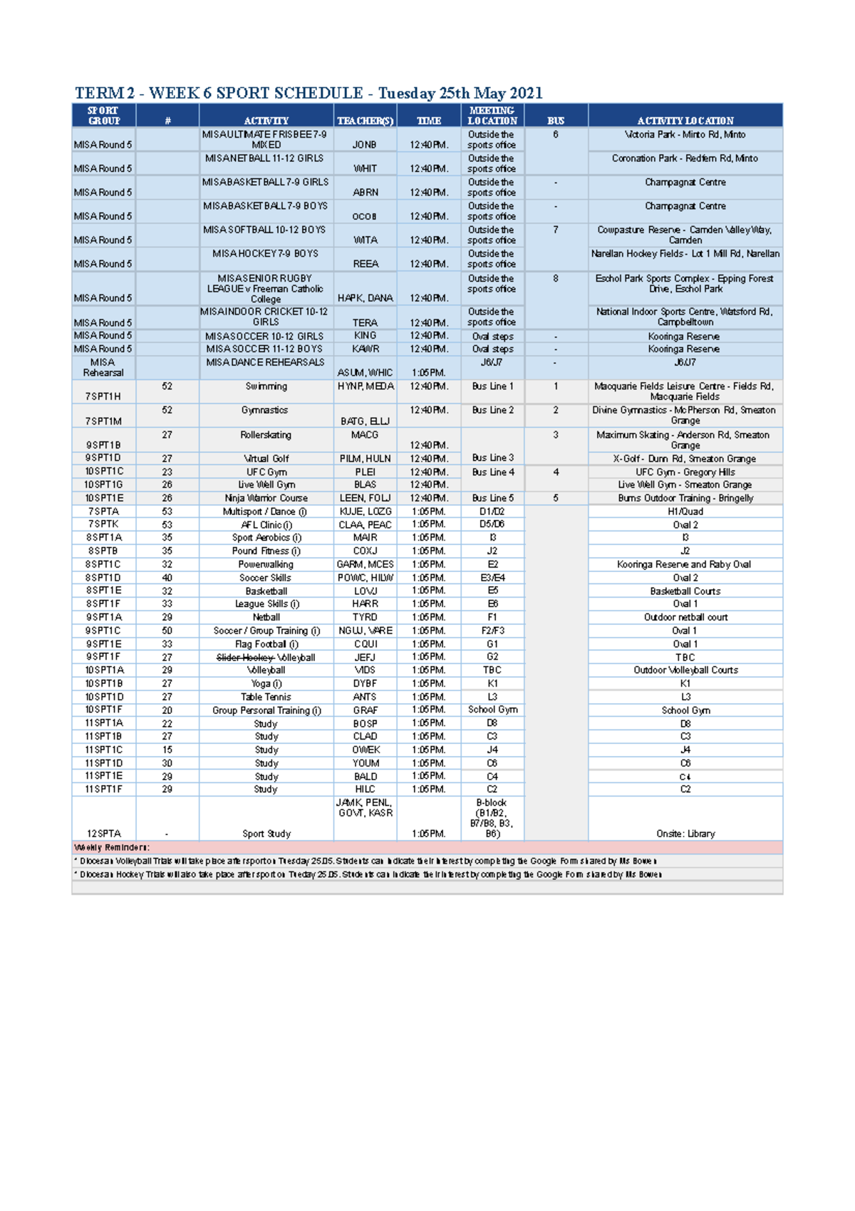 Term 2 Sport Schedule - Term 2 - Week 6 - TERM 2 - WEEK 6 SPORT ...