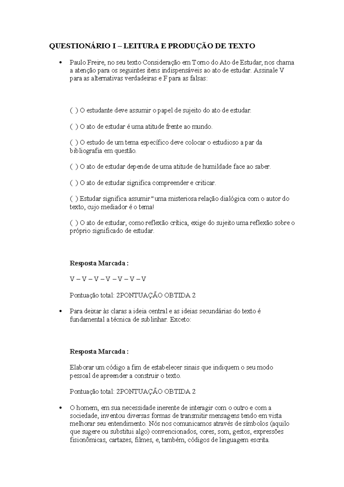 Questionário I - Leitura E Produção DE Texto - QUESTIONÁRIO I – LEITURA ...