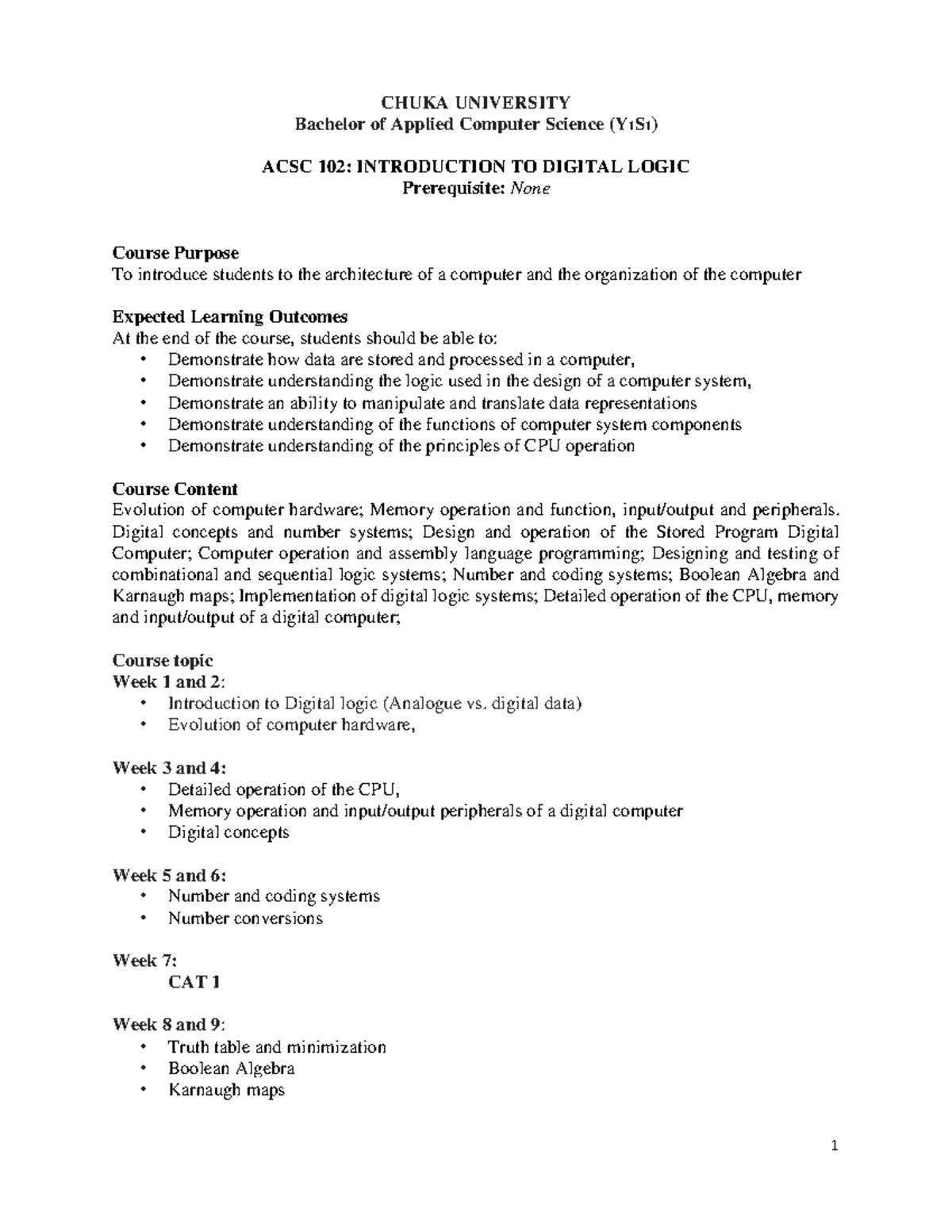ACSC 102 Course Outline - 1 CHUKA UNIVERSITY Bachelor of Applied Computer Science (Y 1 S 1 ...