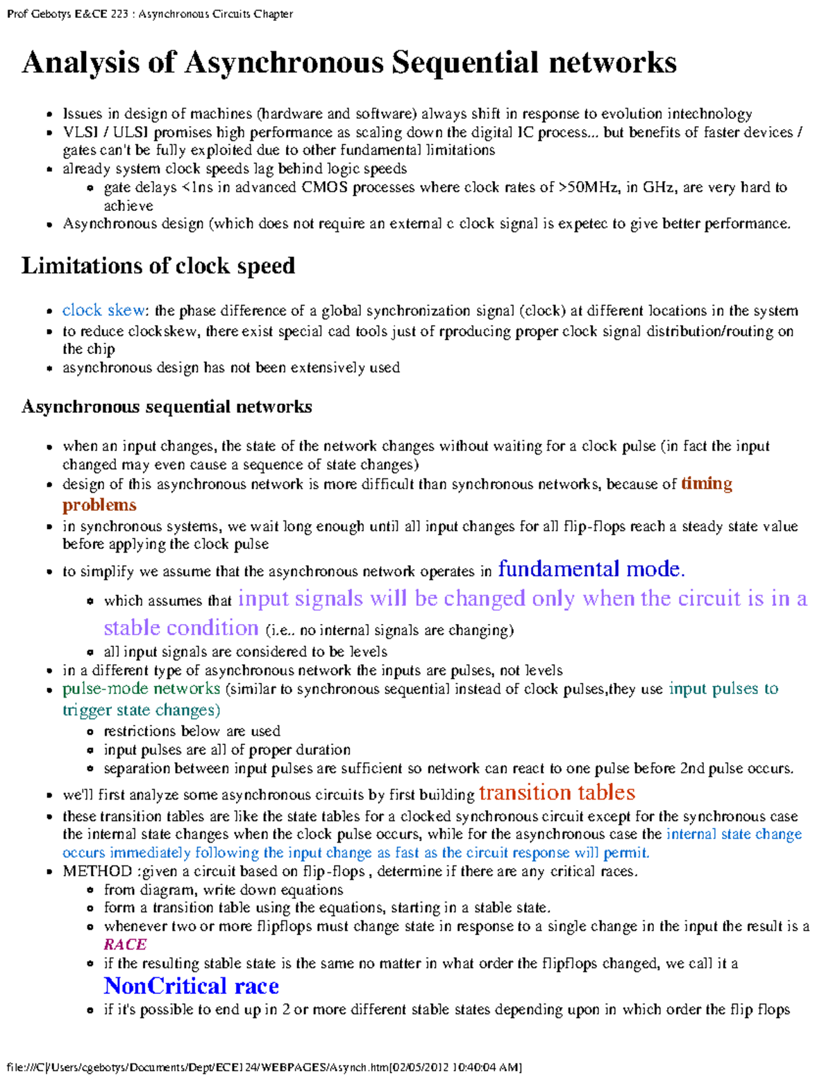 Asynch - instructor: catherine gebotys - Analysis of Asynchronous Sequential networks Issues in ...