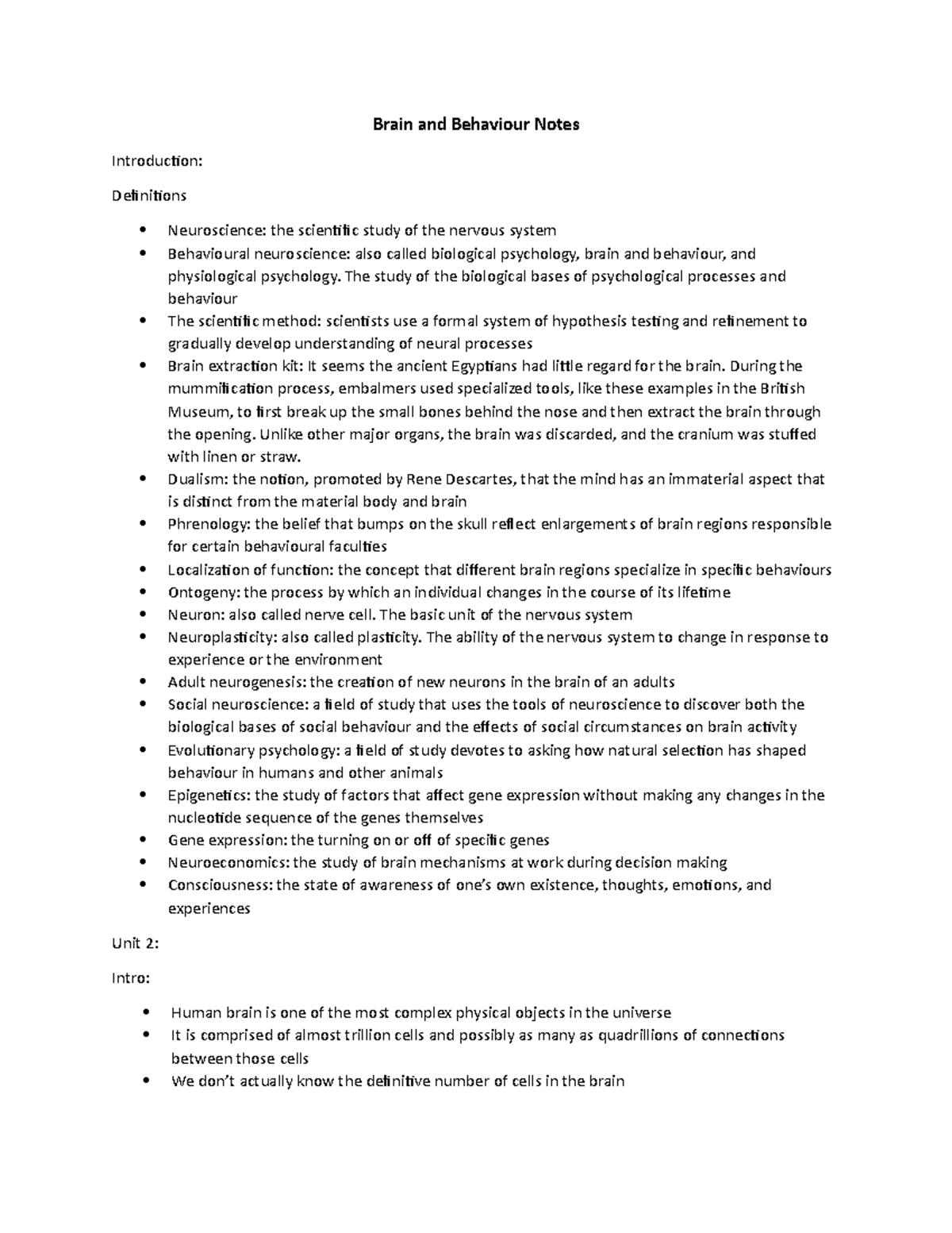Brain And Behaviour Notes Brain And Behaviour Notes Introduction Definitions Neuroscience