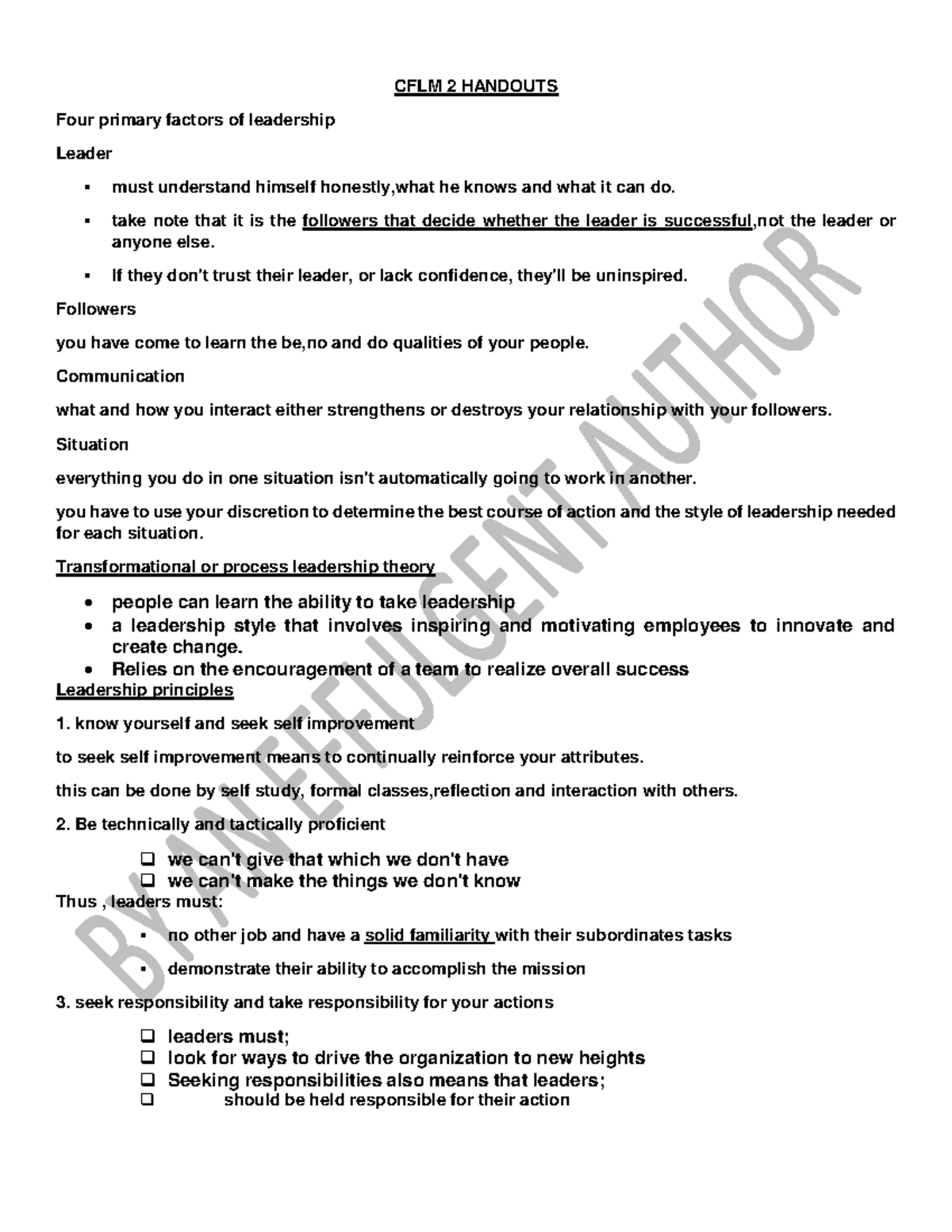 CFLM 2 Midterm Coverage-2 - CFLM 2 HANDOUTS Four primary factors of leadership Leader must - Studocu