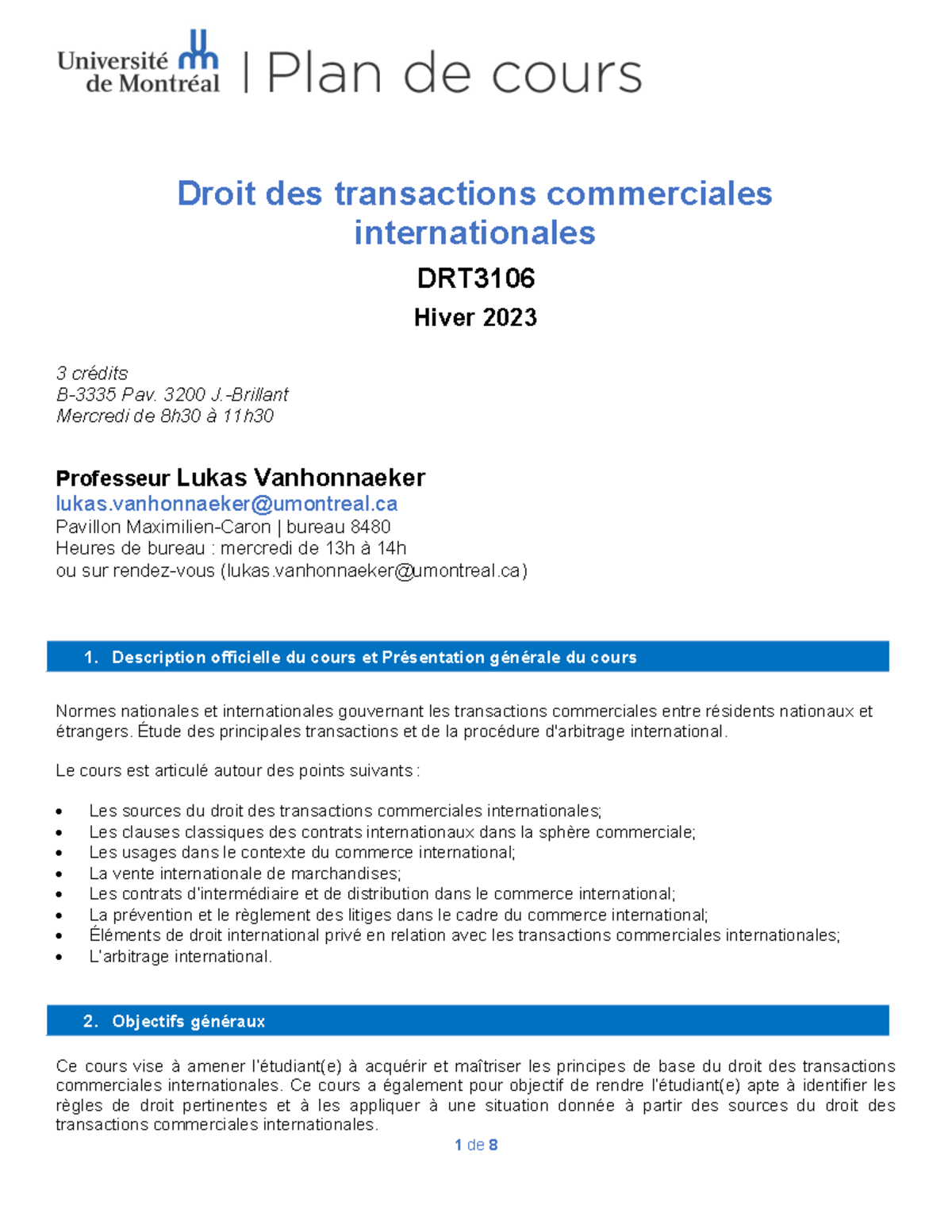 DRT3106-A-H23 Plan de Cours Lukas Vanhonnaeker - Droit des transactions commerciales ...