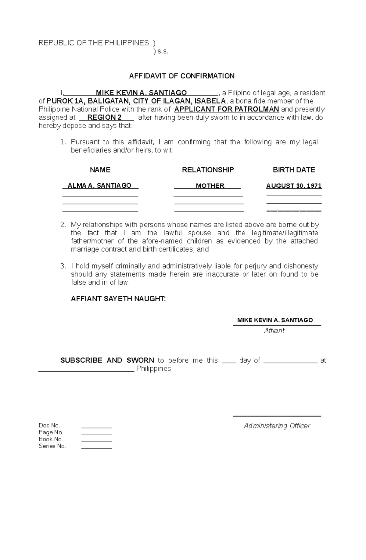 Affidavit-OF- Confirmation - REPUBLIC OF THE PHILIPPINES ) ) s ...