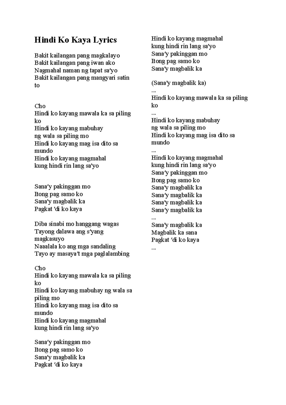 Hindi ko kaya - SONG LYRCIS - Hindi Ko Kaya Lyrics Bakit kailangan pang ...
