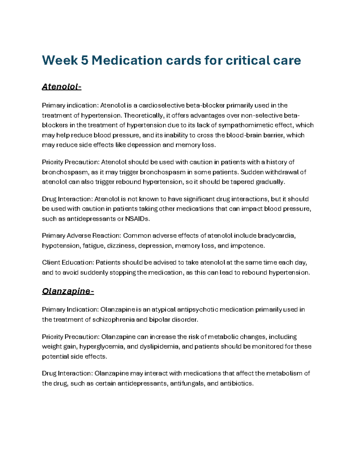 Week 5 Medication Cards - Week 5 Medication cards for critical care ...