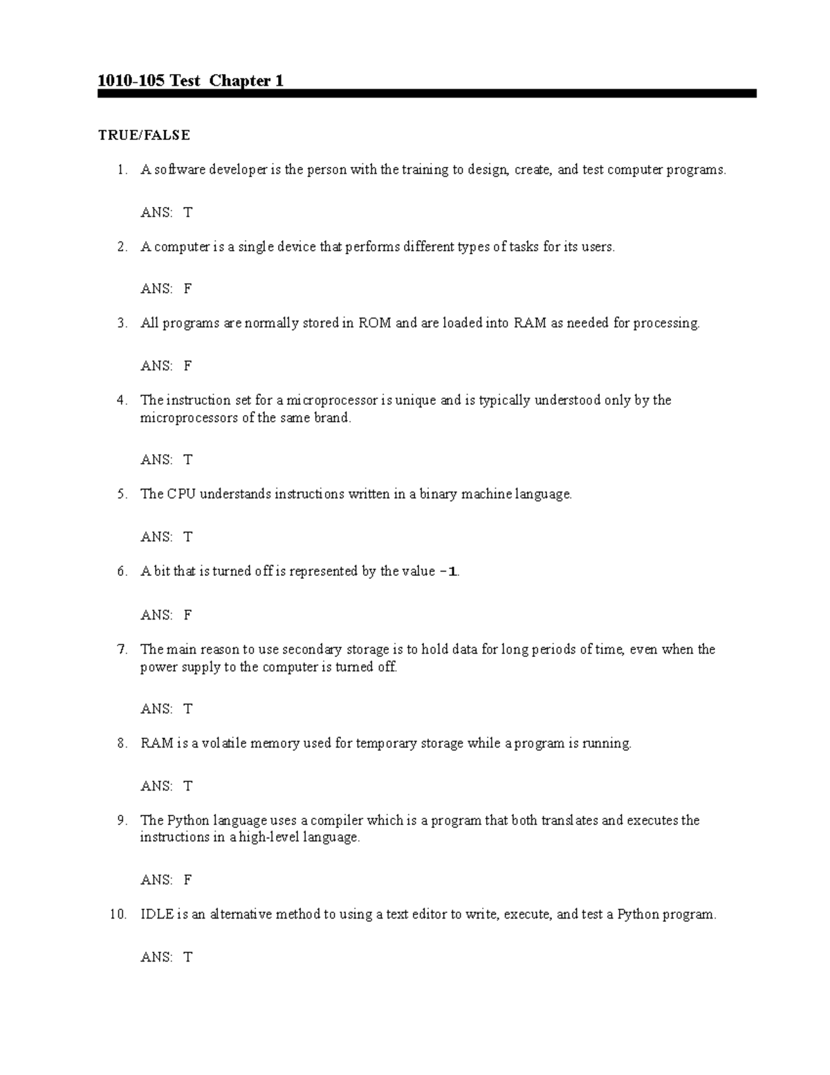 Python 4e Gaddis ch01 drake - 1010-105 Test_Chapter 1 TRUE/FALSE A ...