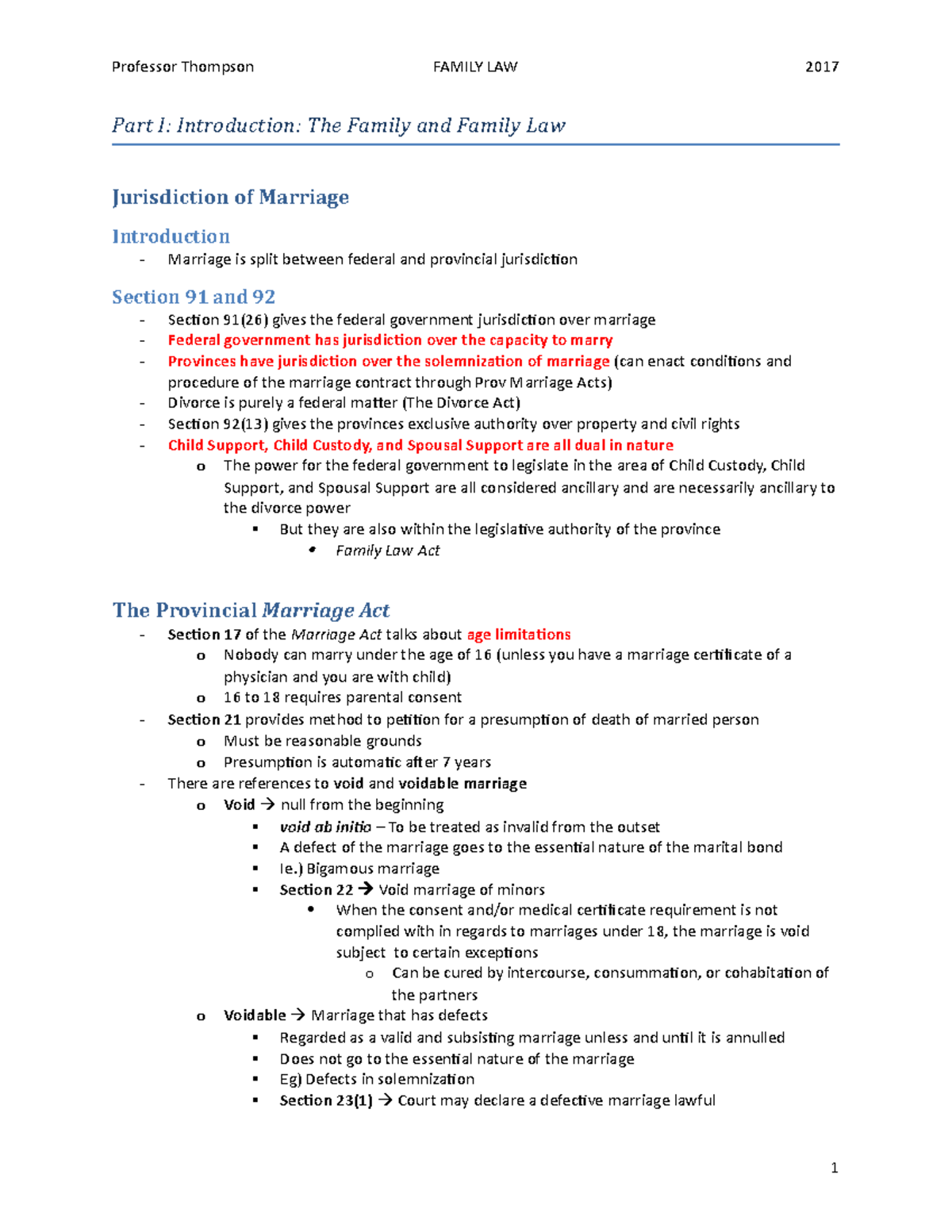 Family Law 2017 - Thompson - Professor Thompson FAMILY LAW 2017 Part I ...