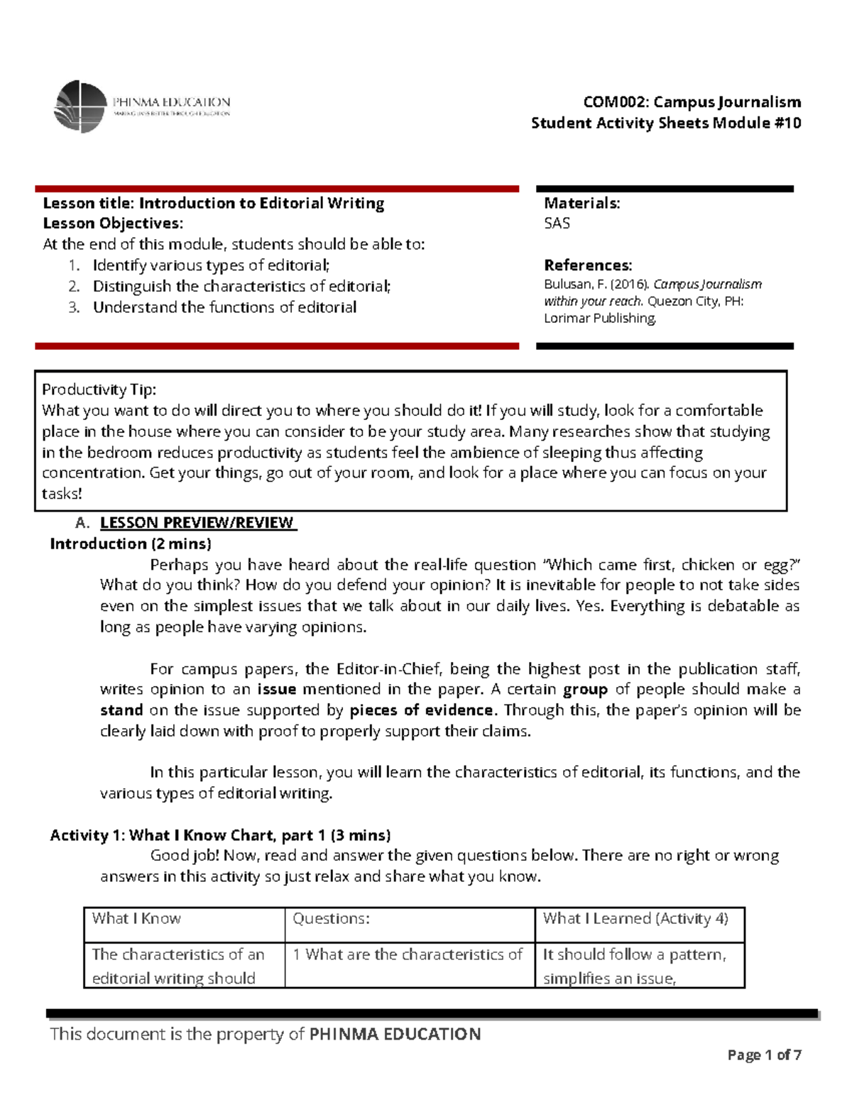 COM 002, Module 10 - Campus Journalism - Student Activity Sheets Module ...