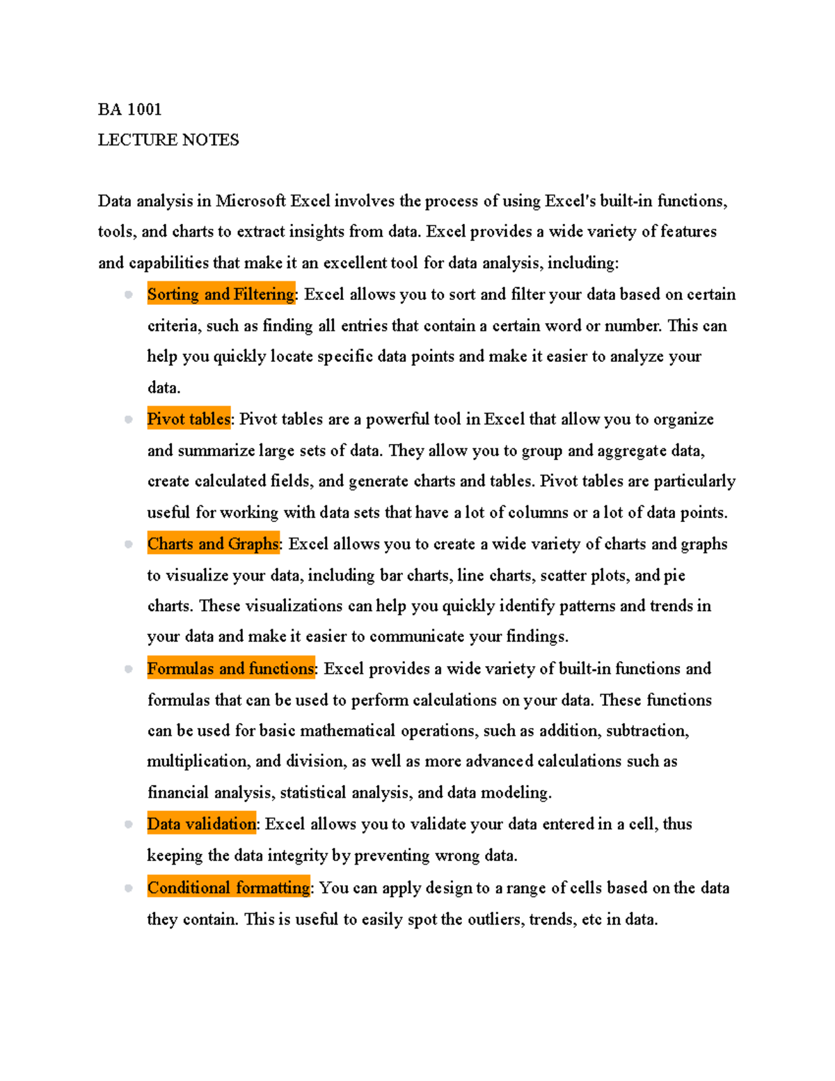 Data Analysis Ba 1001 Lecture Notes Ba 1001 Lecture Notes Data Analysis In Microsoft Excel