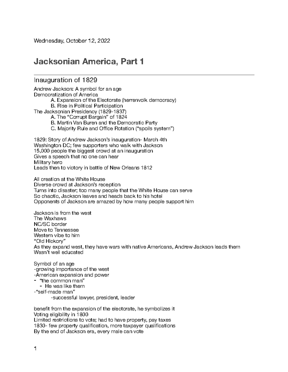 Jacksonian America - Wednesday, October 12, 2022 Jacksonian America ...