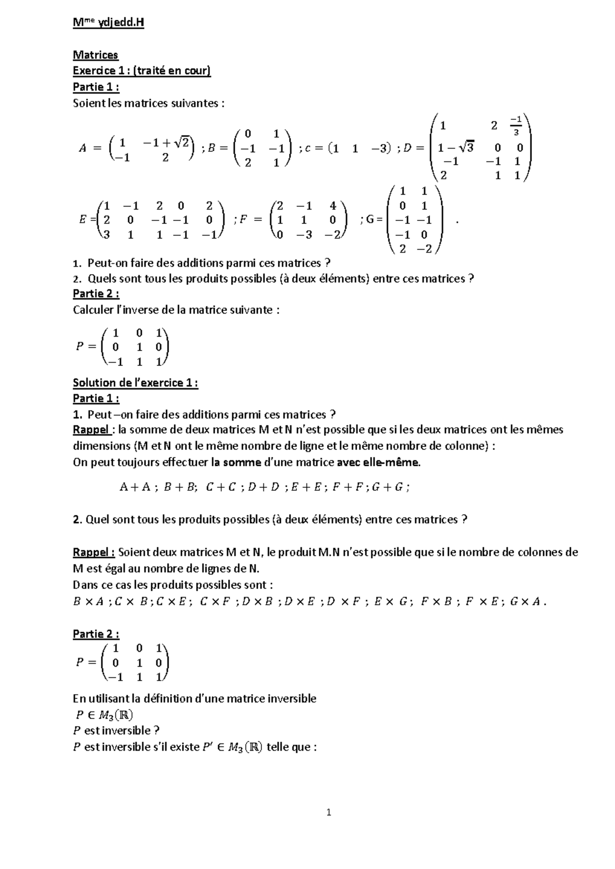 Solution série Matrices - Mme ydjedd Matrices Exercice 1 : (traité en ...