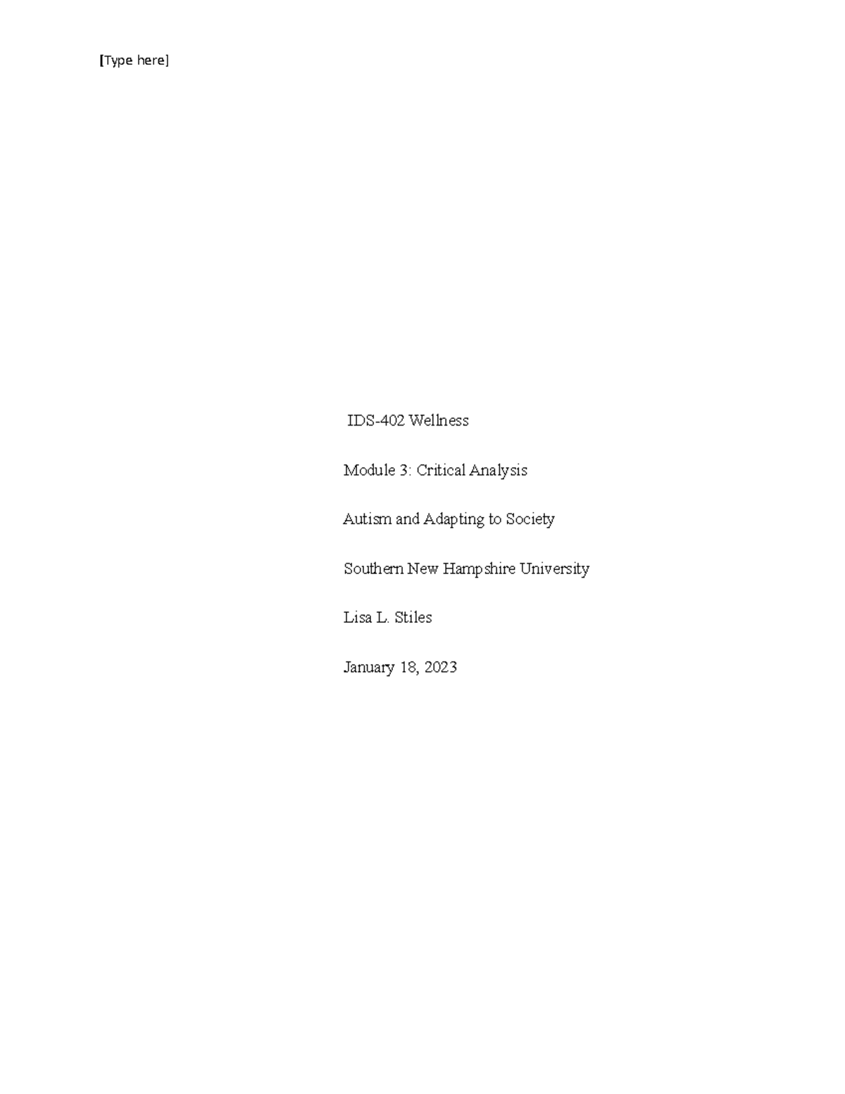 Wellness Autism and adapting to society - IDS-402 Wellness Module 3 ...