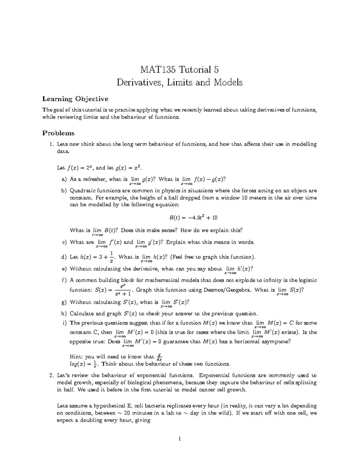 MAT135 Tutorial 5 Student Version - MAT135 Tutorial 5 Derivatives, Limits and Models Learning ...