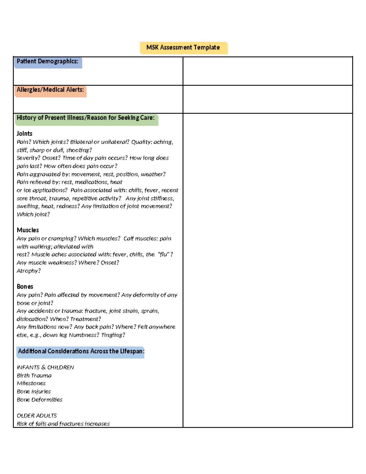 MSK Assessment - , down leg Numbness? Tingling? Additional ...
