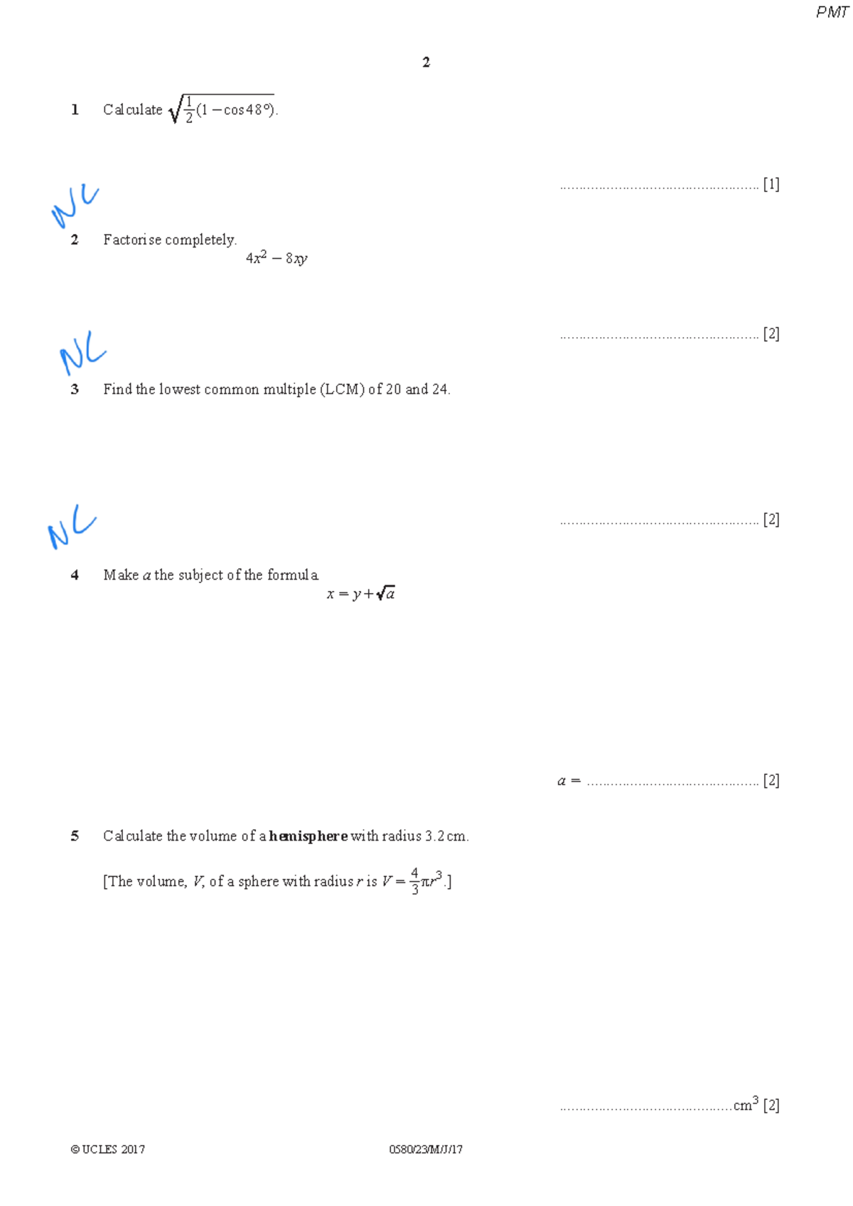 Homework p2 - Good - 2 © UCLES 2017 0580/23/M/J/ 1 Calculate 2 1 1 ...