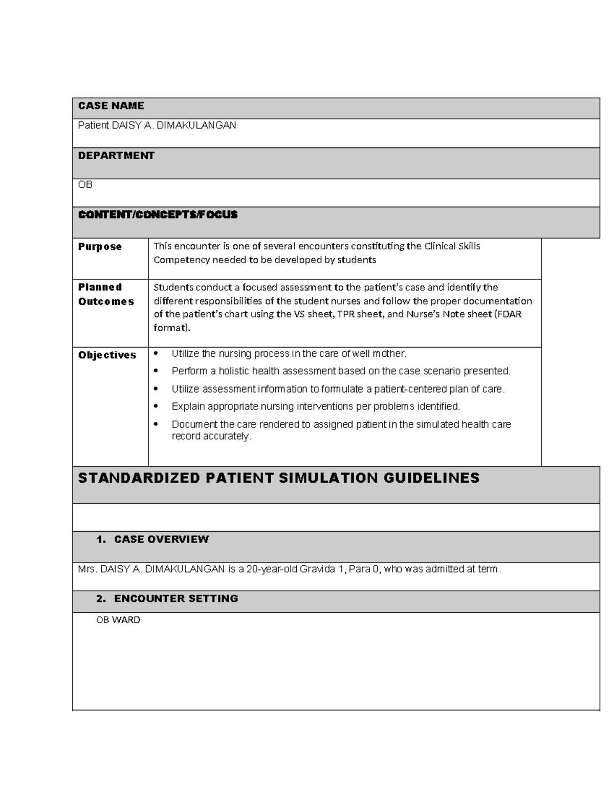 OB-CASE- Scenario - CASE NAME Patient DAISY A. DIMAKULANGAN DEPARTMENT ...