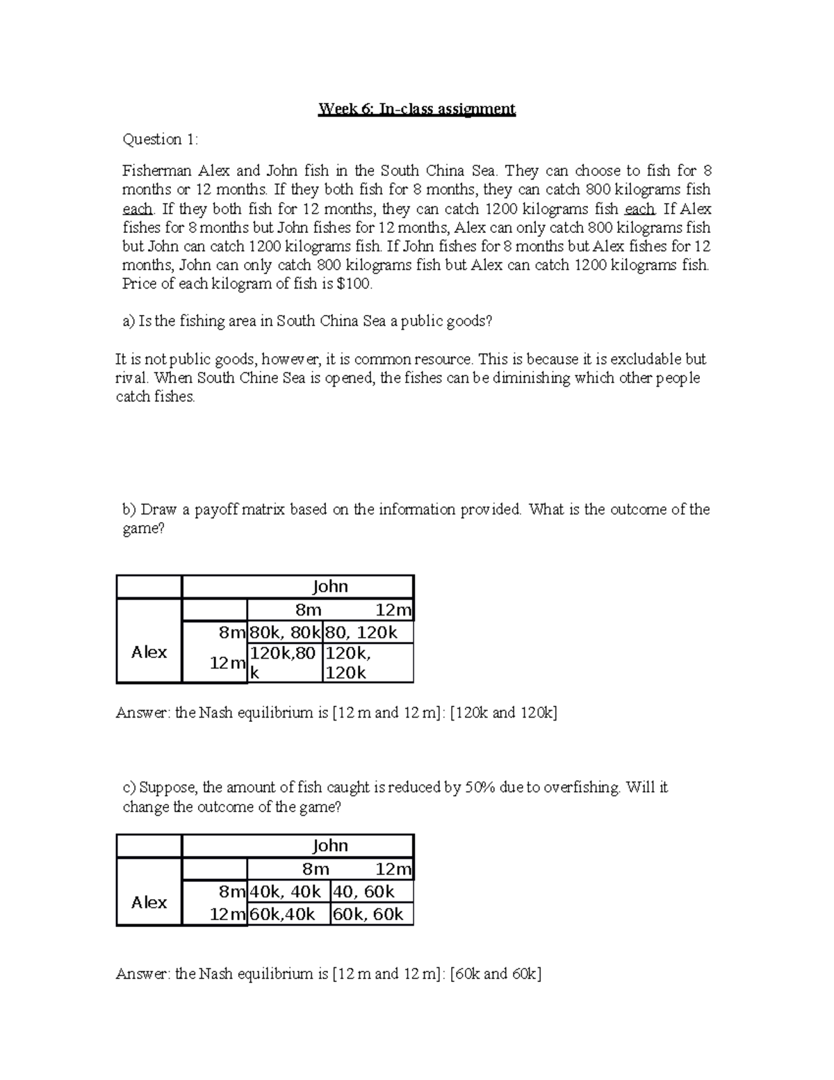 Week 6 in class assignment 22-23A - Week 6: In-class assignment Question 1: Fisherman Alex and ...