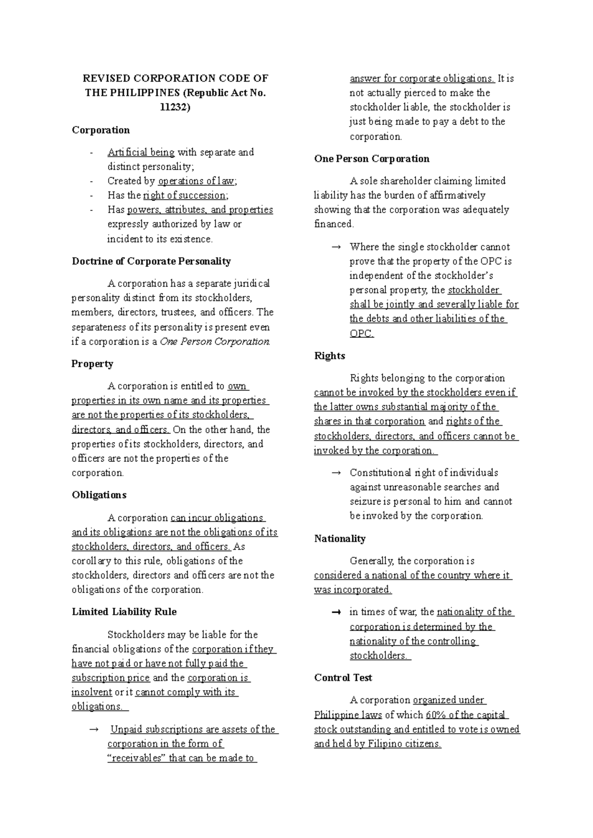 RCC reviewer - REVISED CORPORATION CODE OF THE PHILIPPINES (Republic Act No. 11232) Corporation ...
