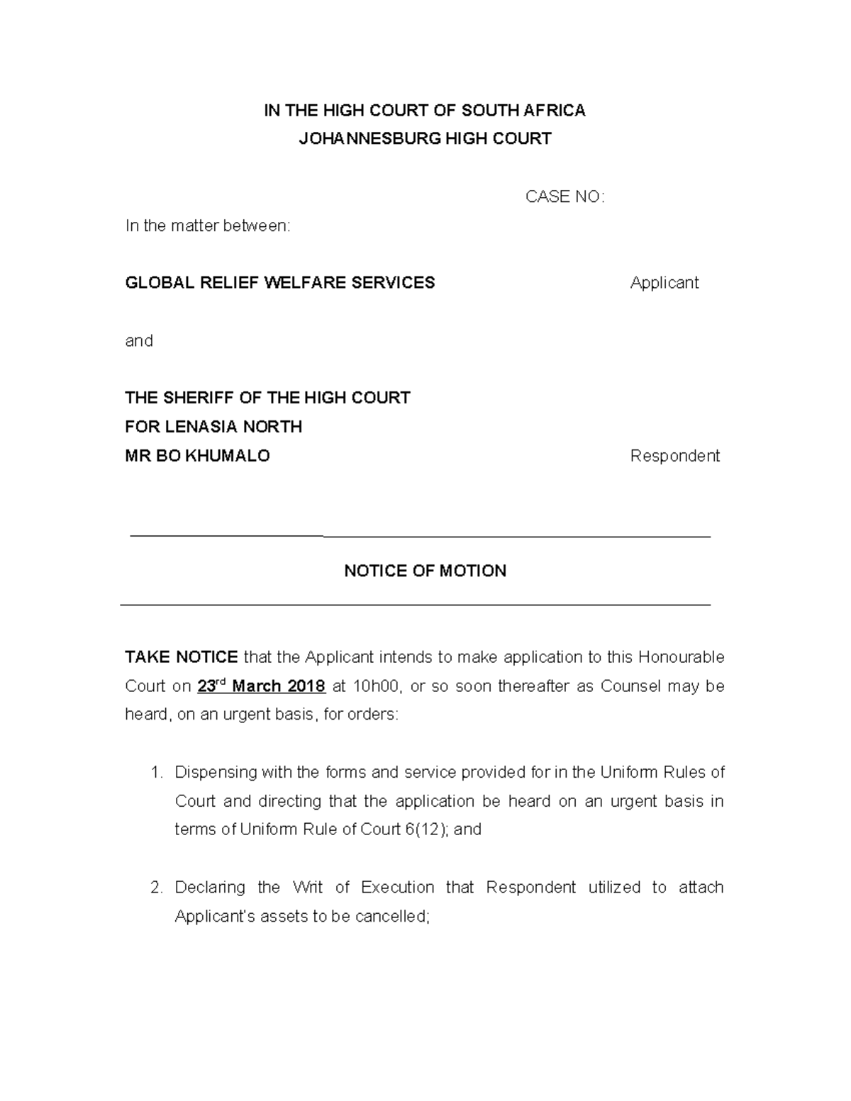 Urgent Notice of Motion Global Relief Welfare - IN THE HIGH COURT OF ...