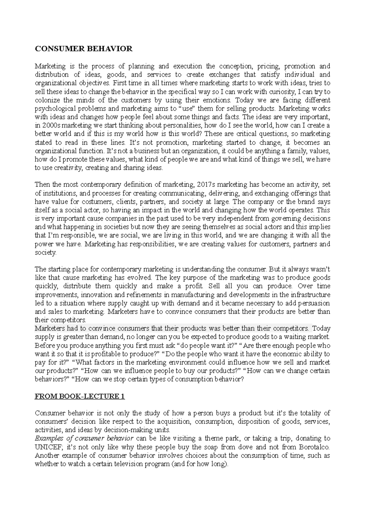 Consumer Behaviour- WEEK 1 - CONSUMER BEHAVIOR Marketing is the process ...