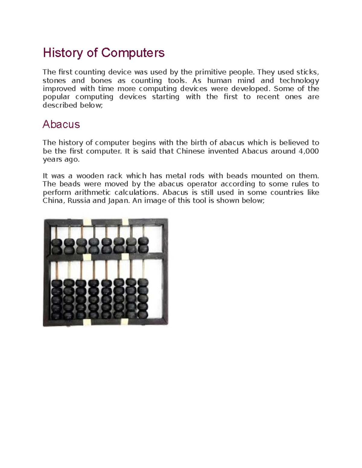 LP5 - learning plan - History of Computers The first counting device ...