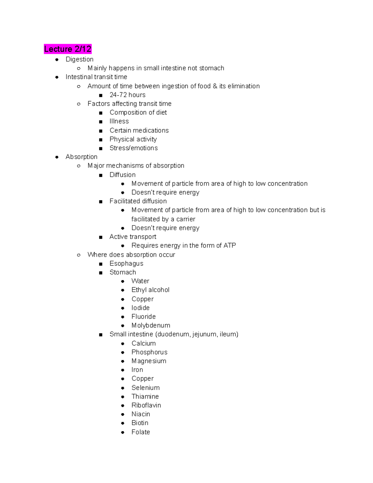 Unit 2 Nutrition Notes - Lecture 2/ Digestion Mainly happens in small ...