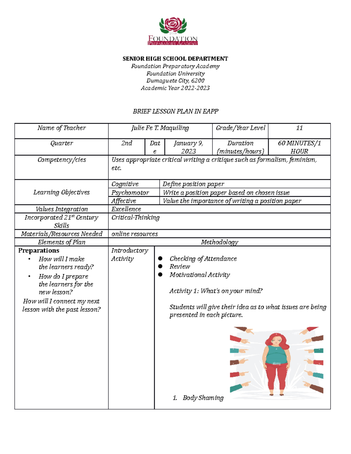 Lesson Plan for Writing a Position Paper - SENIOR HIGH SCHOOL ...